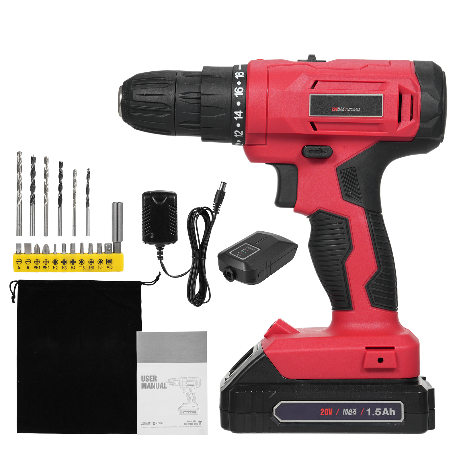 20V Cordless Electric Drill Brush Motor Handheld Portable Battery Drill ...