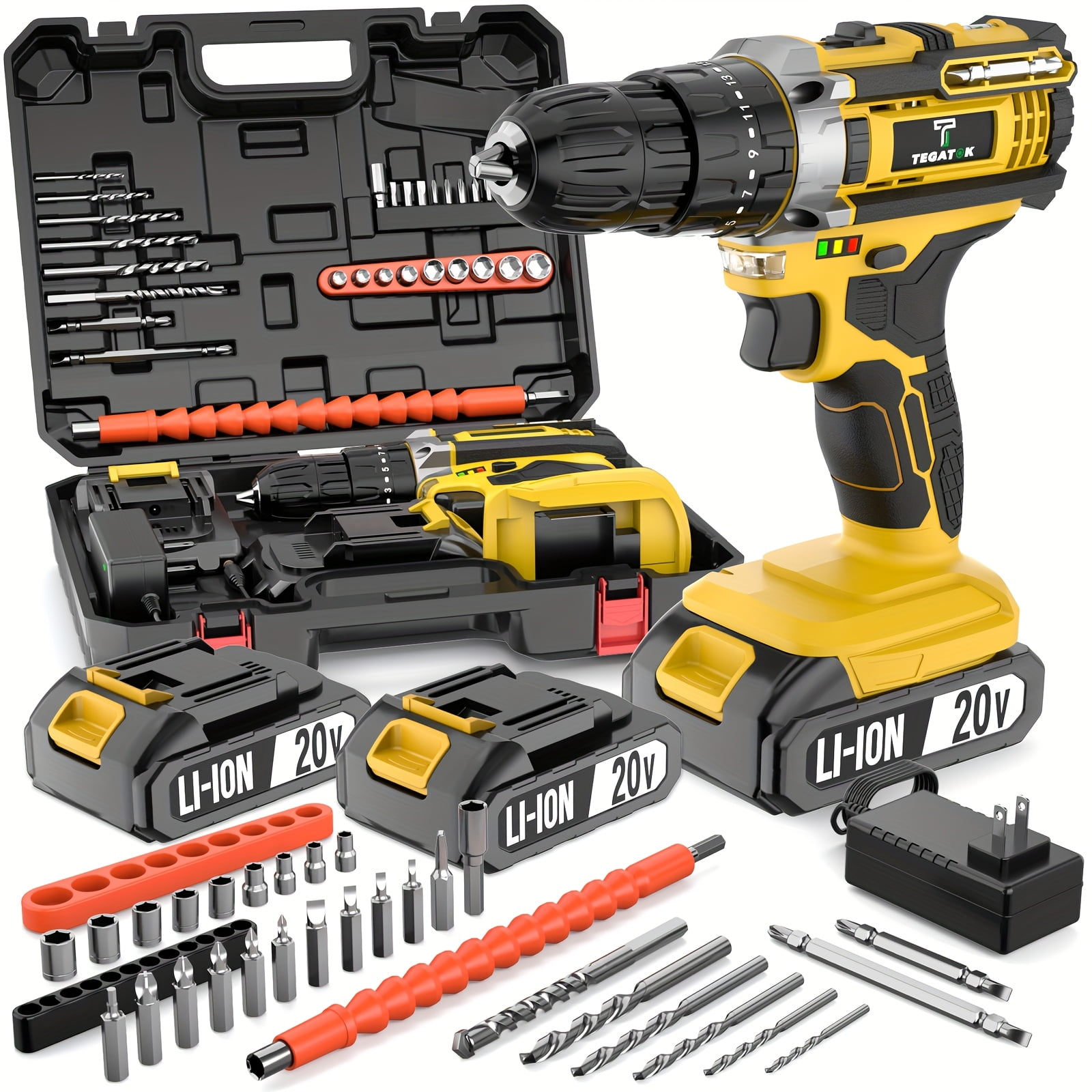 20V Cordless Impact Drill Set - 3/8" Keyless Chuck, 18+3 Clutch, 45Nm ...