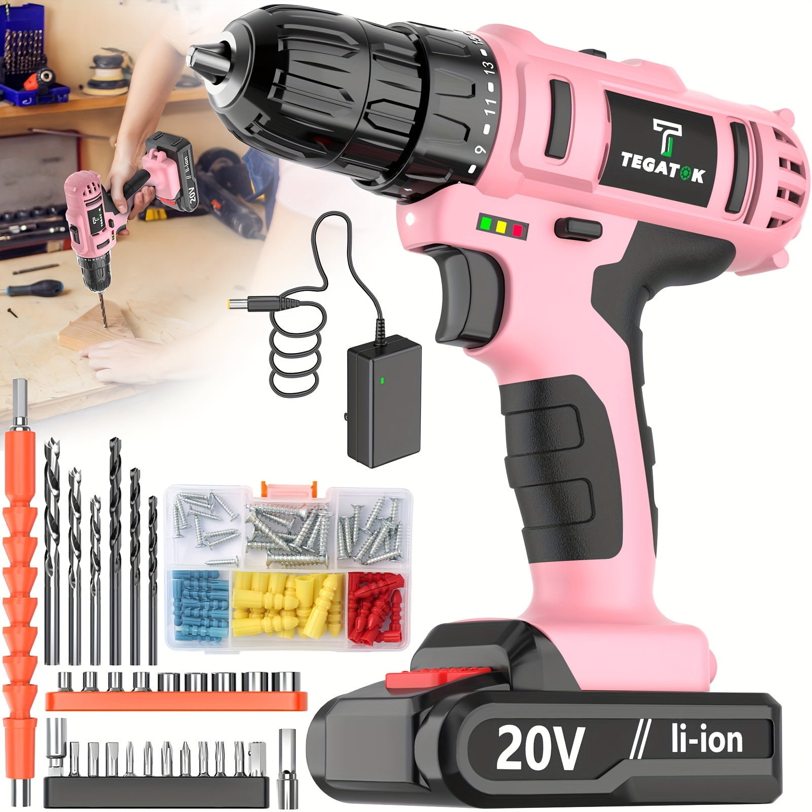 20V Cordless Impact Drill Set - 3/8" Keyless Chuck 45Nm Torque 2 ...