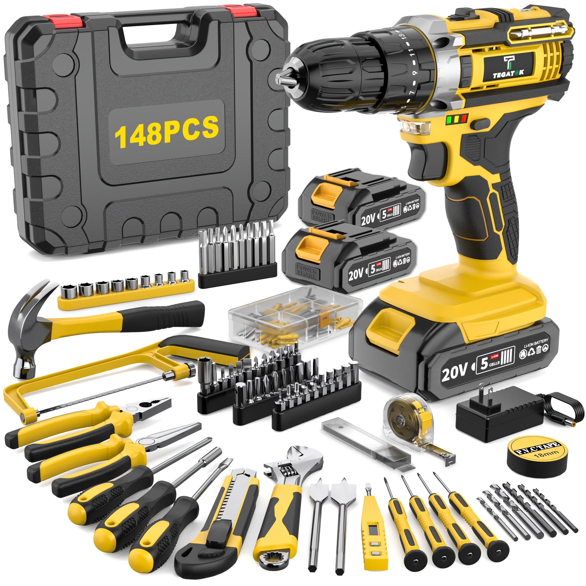 20V Cordless Impact Drill Set - 3/8" Keyless Chuck 45Nm Torque 2 ...