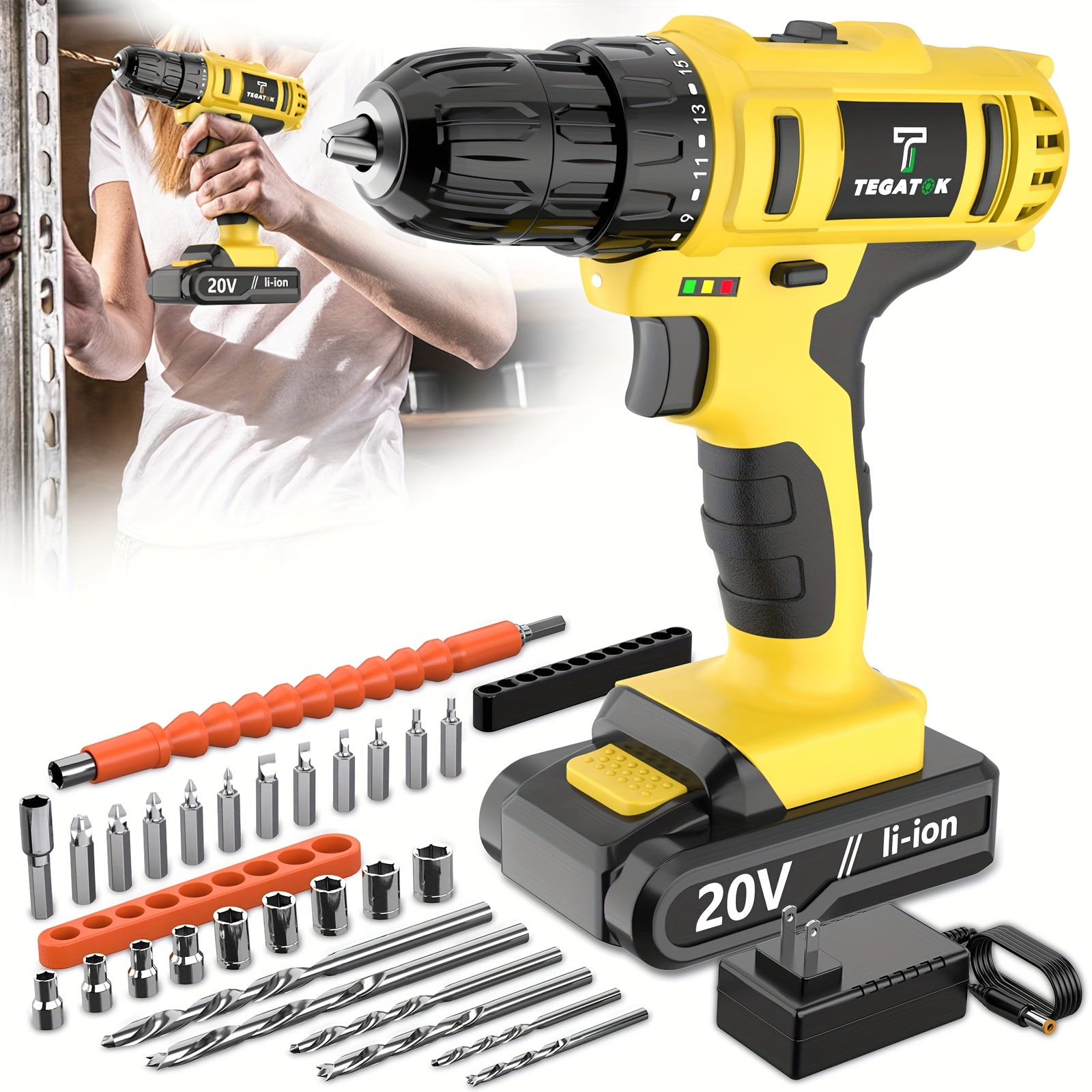20V Cordless Impact Drill Set - 3/8" Keyless Chuck 45Nm Torque 2 ...