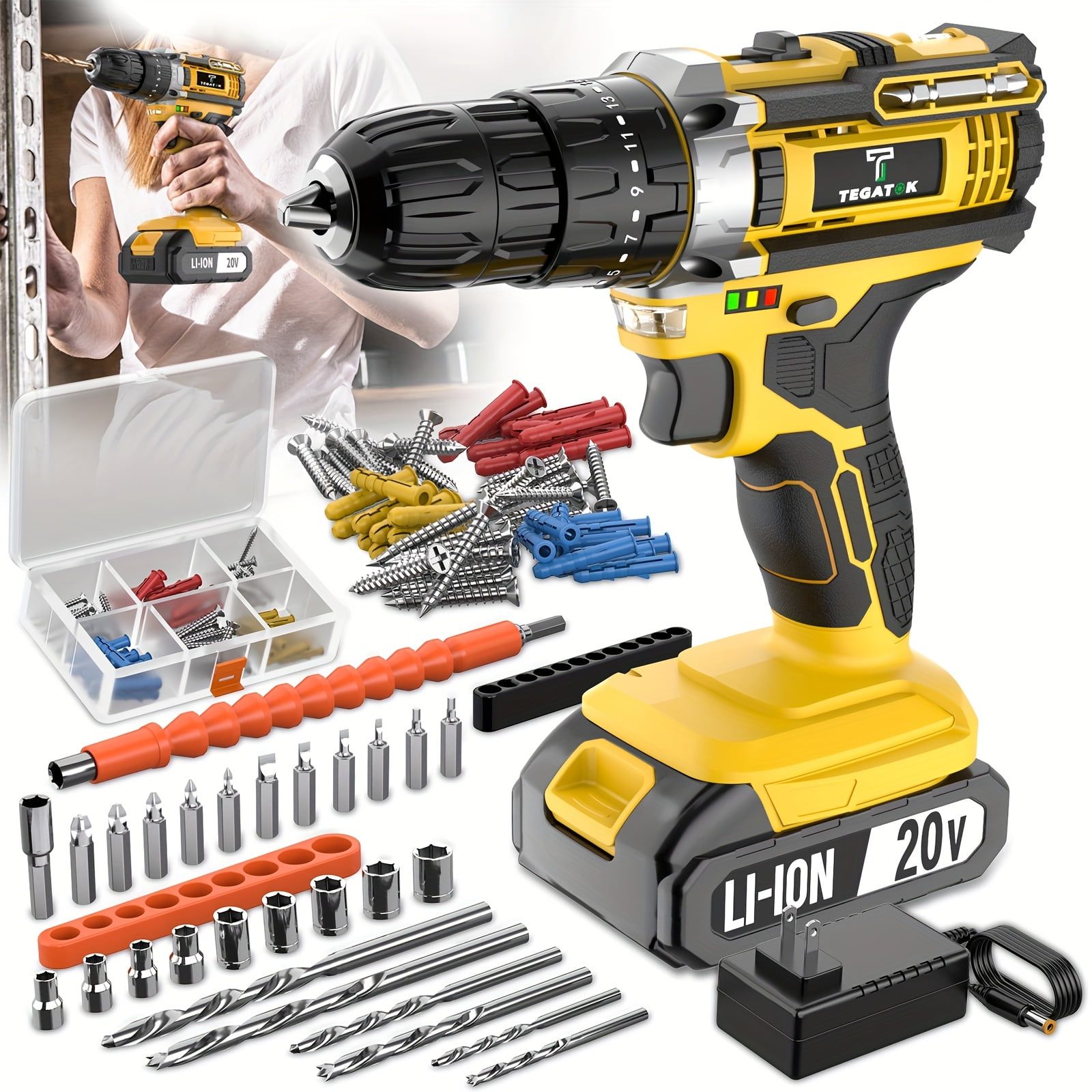 20V Cordless Impact Drill Set - 3/8" Keyless Chuck 45Nm Torque 2 ...