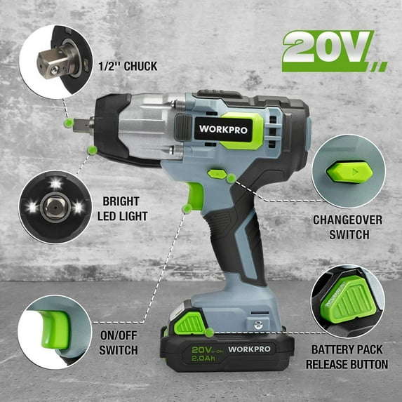 20V Cordless Impact Wrench, 1/2-inch, 320 Ft Pounds Max Torque, 2.0Ah ...
