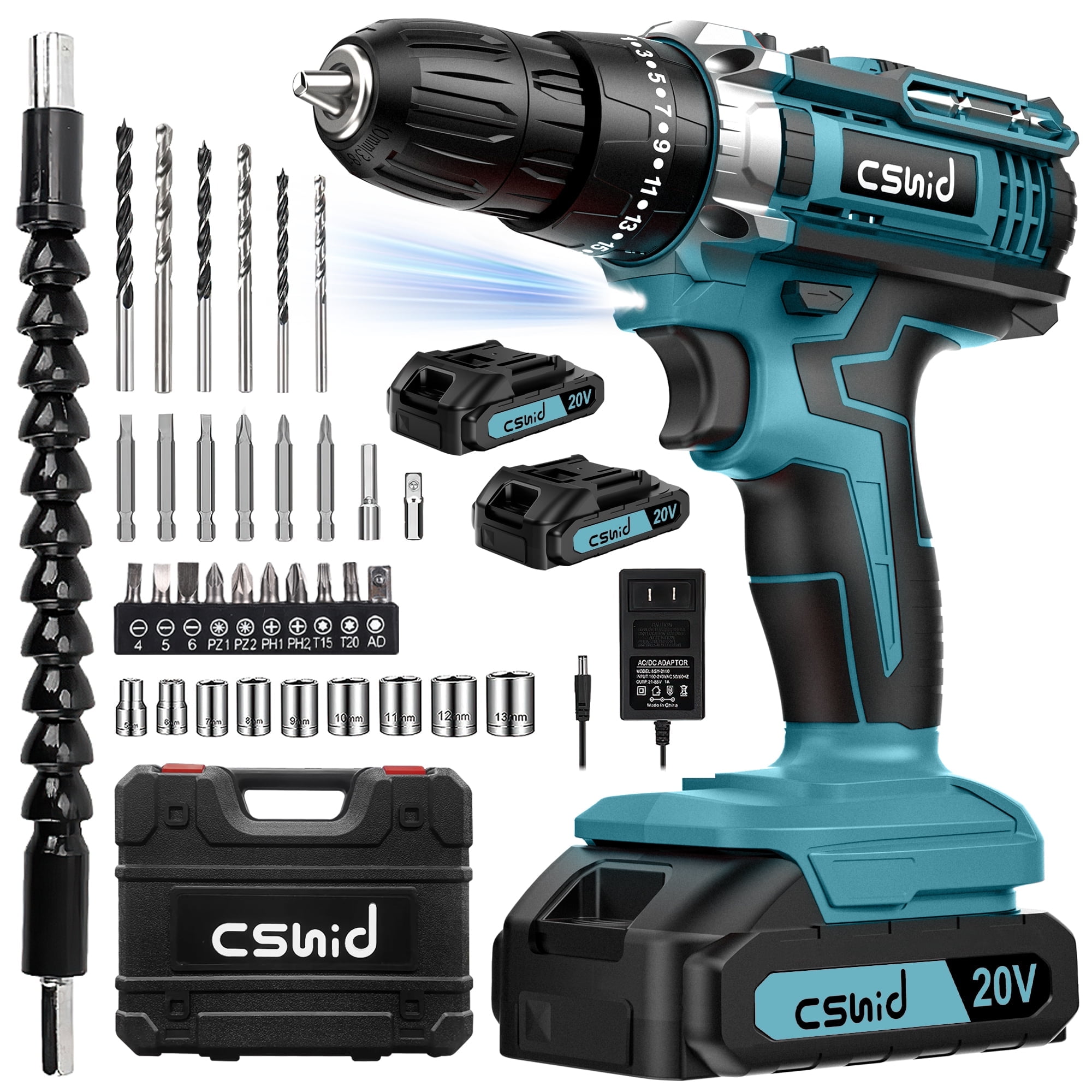 Cshidworld 20V Cordless Power Drill Set, Drill Kit with 2 Lithium-Ion ...