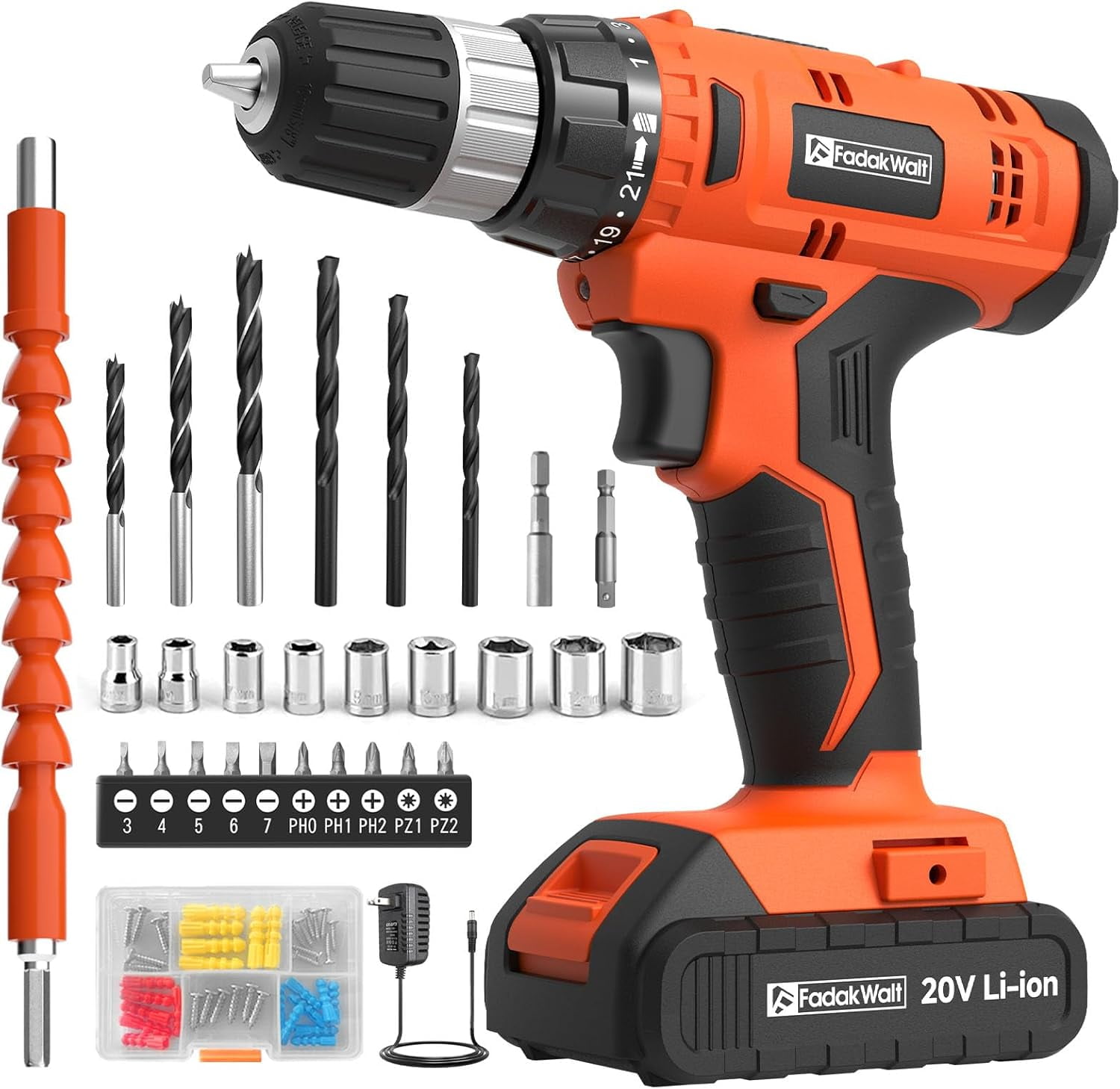 20V Electric Power Drill Set, Torque 30N, 21+1 Torque Setting, 3/8-Inch ...