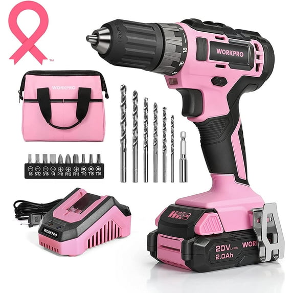 20V Pink Cordless Drill Driver Set, 3/8” Keyless Chuck, 2.0 Ah Li-ion ...
