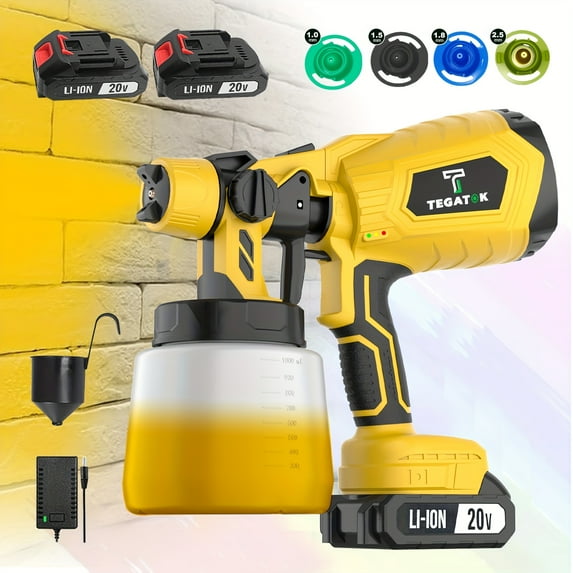 20V Wireless Paint Spray Gun with 2 Batteries, 5 Nozzles, Easy to Clean ...