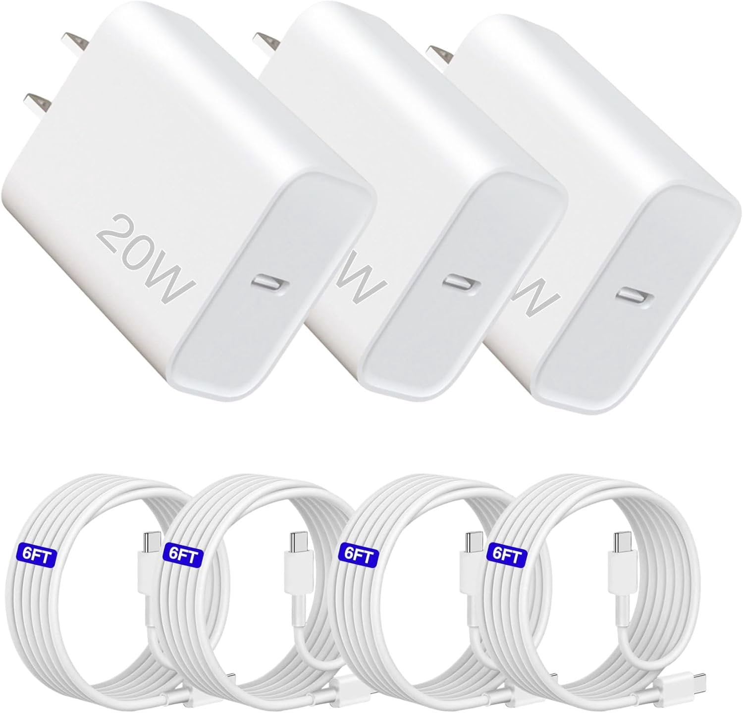 20W Charger 3 Pack with 4 Pack 6FT Type C to C Cables,USB C Wall ...