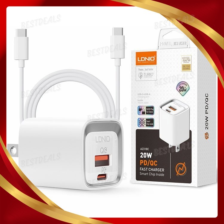20W PD/QC Fast Charger with USB-C & USB-A Ports,Smart chip,Turbo Power ...