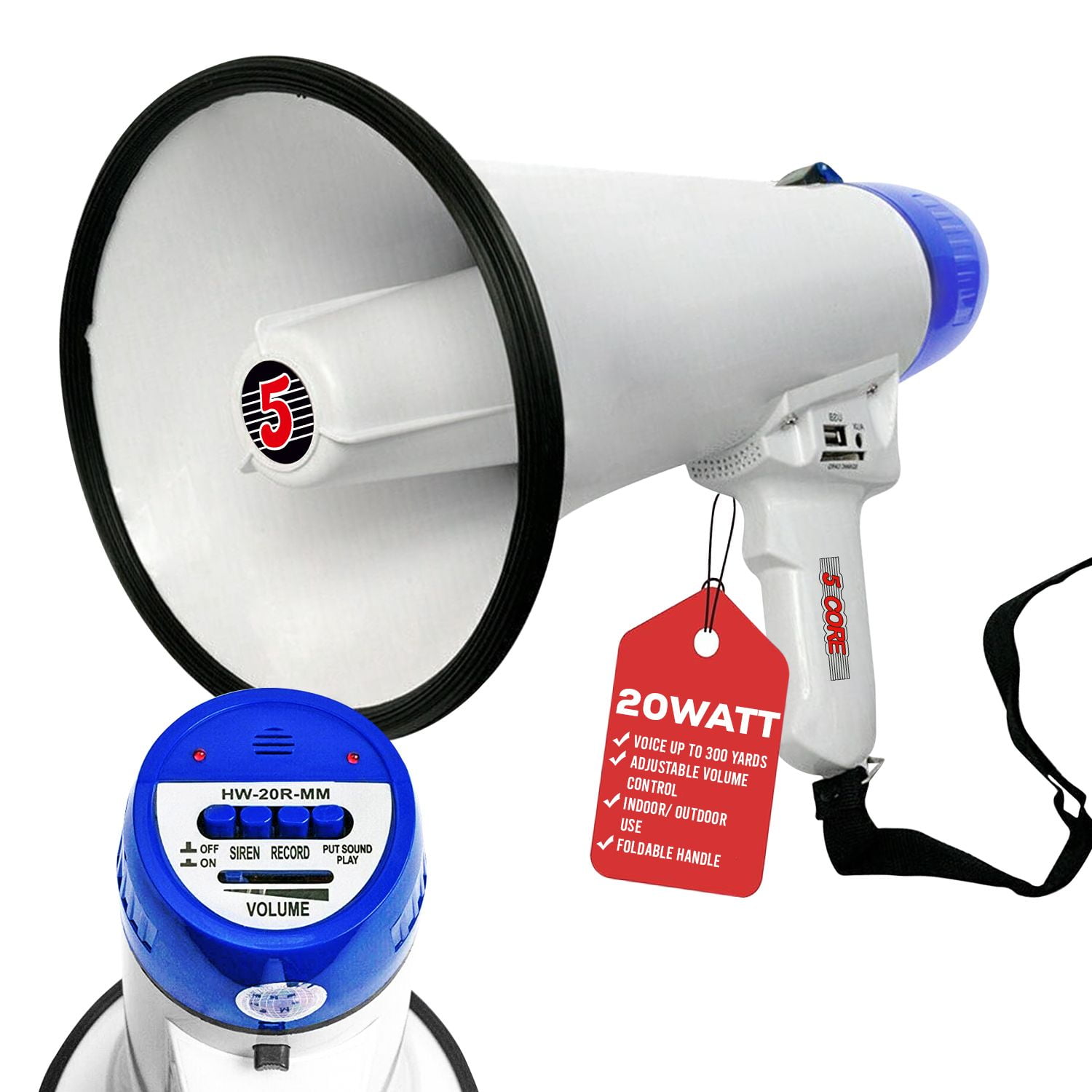 20W Portable Megaphone with Siren & Recording - 300M Range Weatherproof ...
