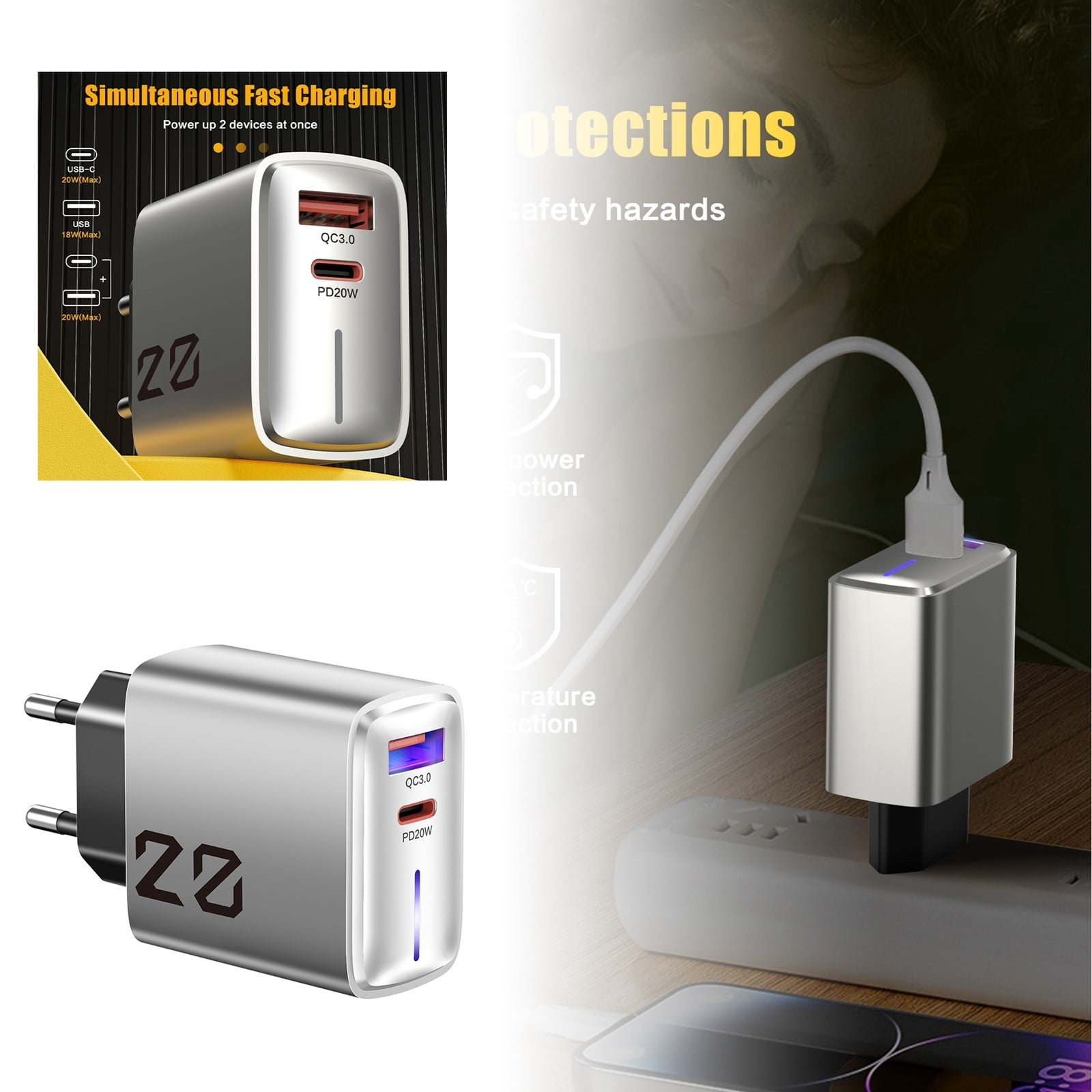 20W TYPE-C Charger with LED - PD+USB, Metal Grey, Mini - European and ...