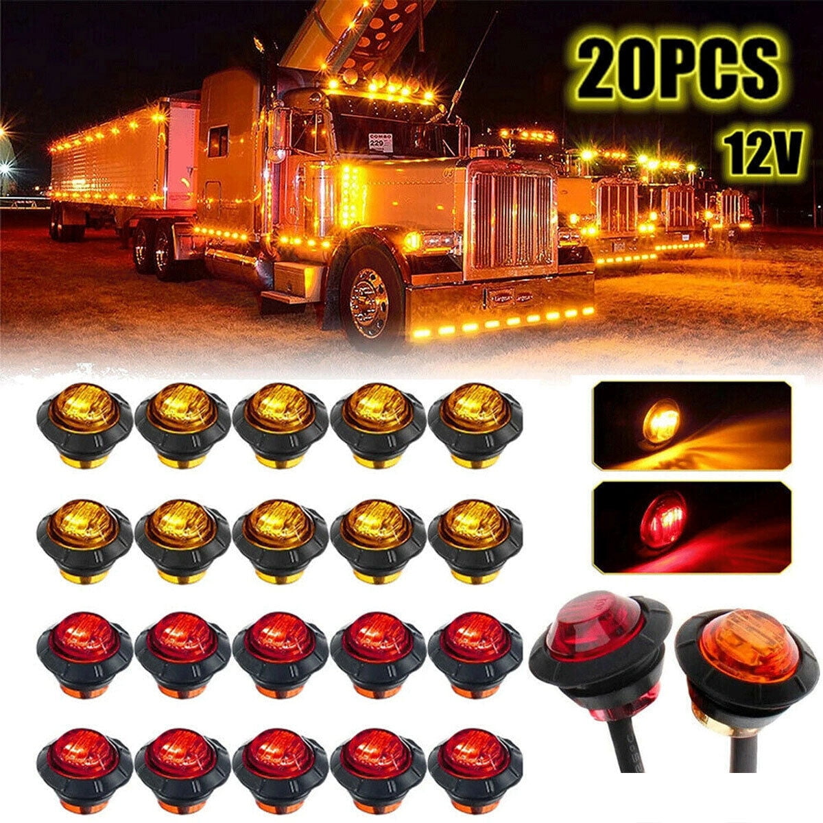 20X 3/4" 12V Marker LIGHTS LED Bullet Amber Red Truck Trailer RV Round ...