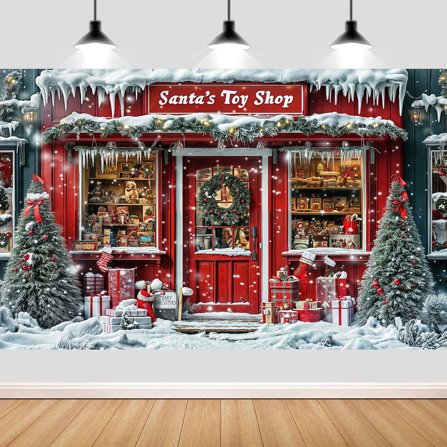 20X10ft Christmas Santa's Toy Shop Photo Backdrop, Winter Snow Red ...