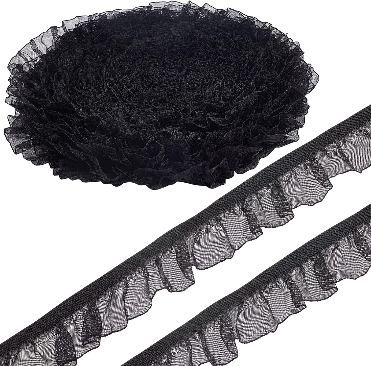 20Yds Elastic Stretch Lace Trim 1 inch Black Ruffled Pleated Satin ...