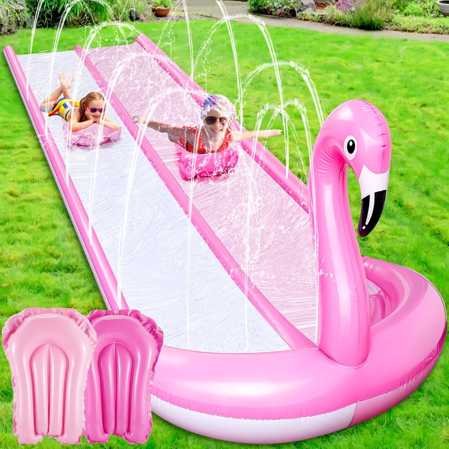 20ft 3D Flamingo Slip Water Slide Double Lane Lawn Water Slides 3 Sided ...