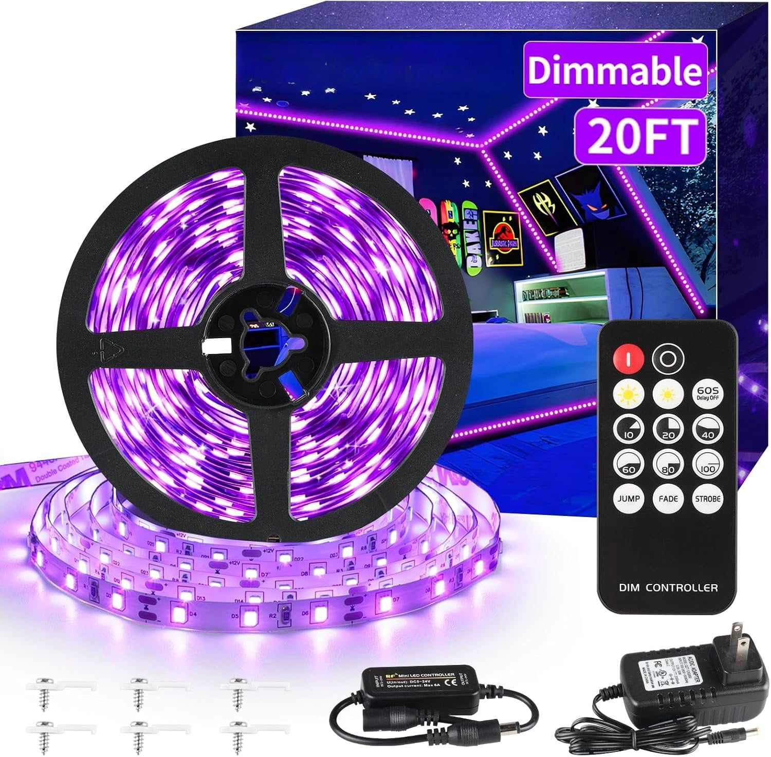 20ft Black Light Strip with Remote, 360 LED Lamp Beads, 12V Flexible ...