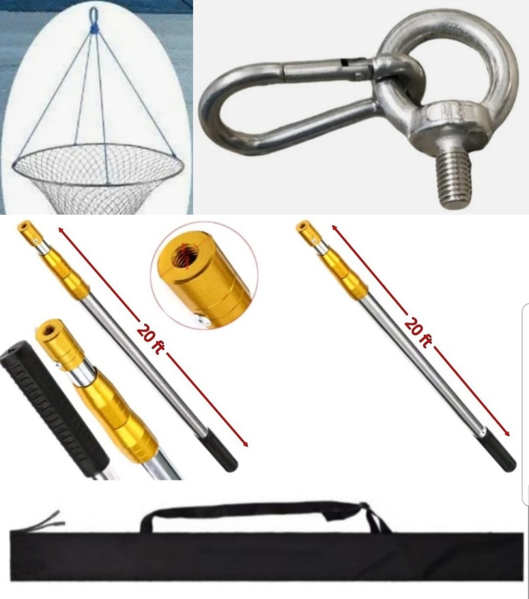 20ft Retractable Stainless Steel Fishing Pole with Live Bait Hoop Net ...
