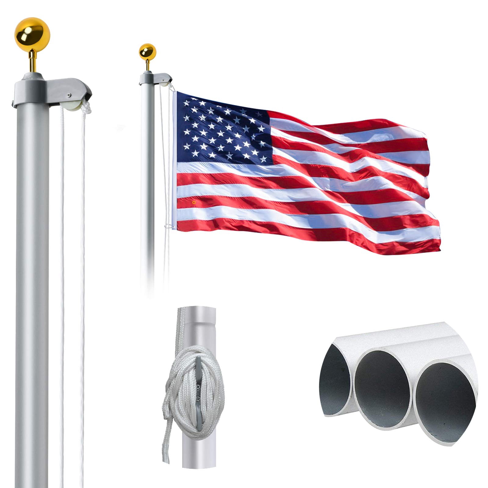 20ft Sectional Flag Pole Kit 14 Gauge Extra Thick Heavy Duty Aluminum ...
