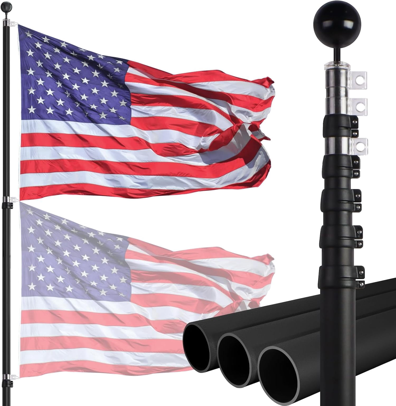 20ft Telescopic Pole - Extra Thick Outdoor Telescoping Poles with 3x5 ...