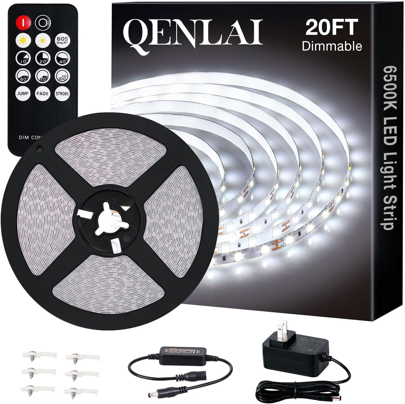20ft White LED Strip Lights, Upgraded 6500K Dimmable Tape Lights with ...