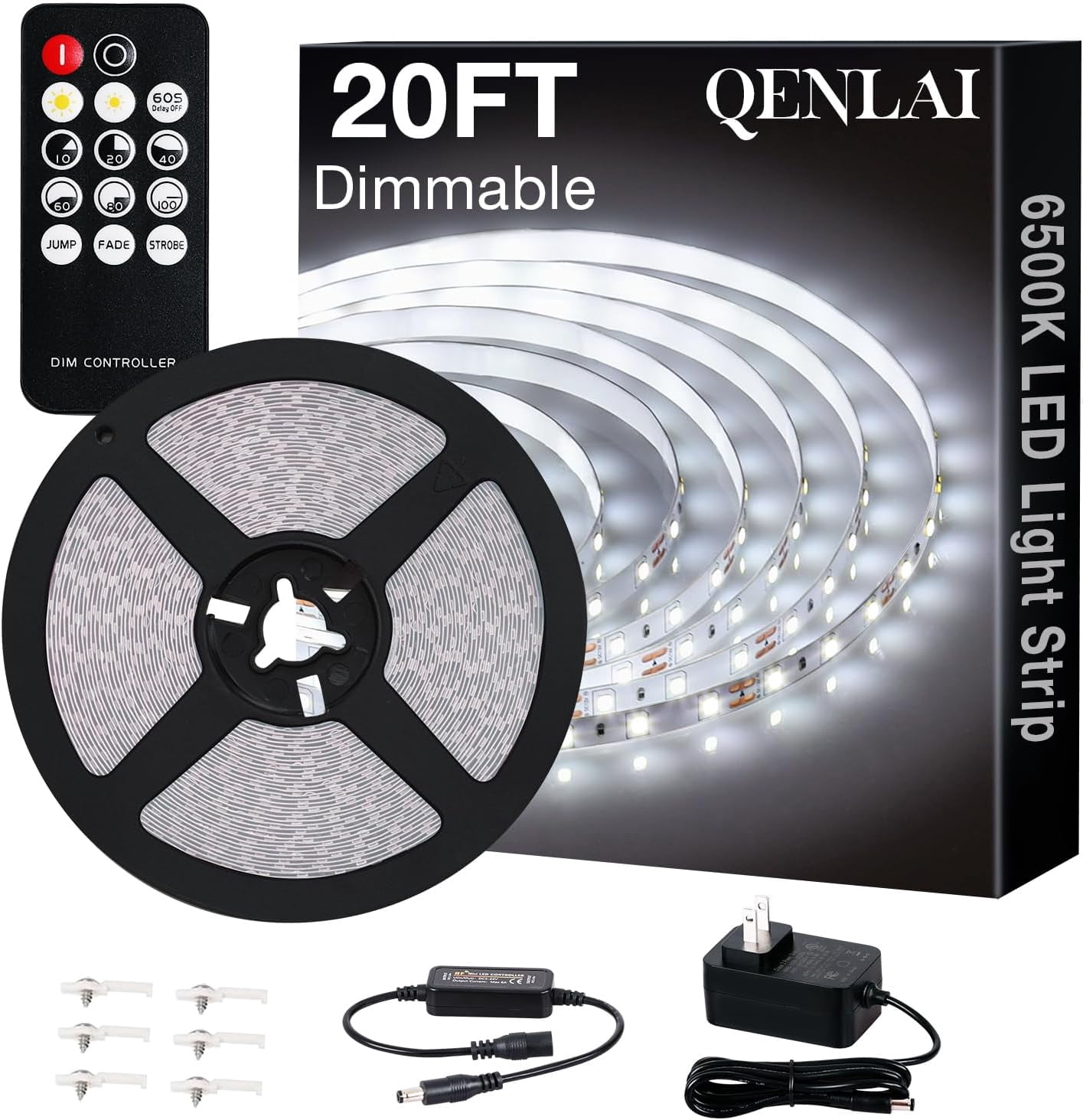 20ft White LED Strip Lights with Remote, 6500K Dimmable 12V Light Strip ...