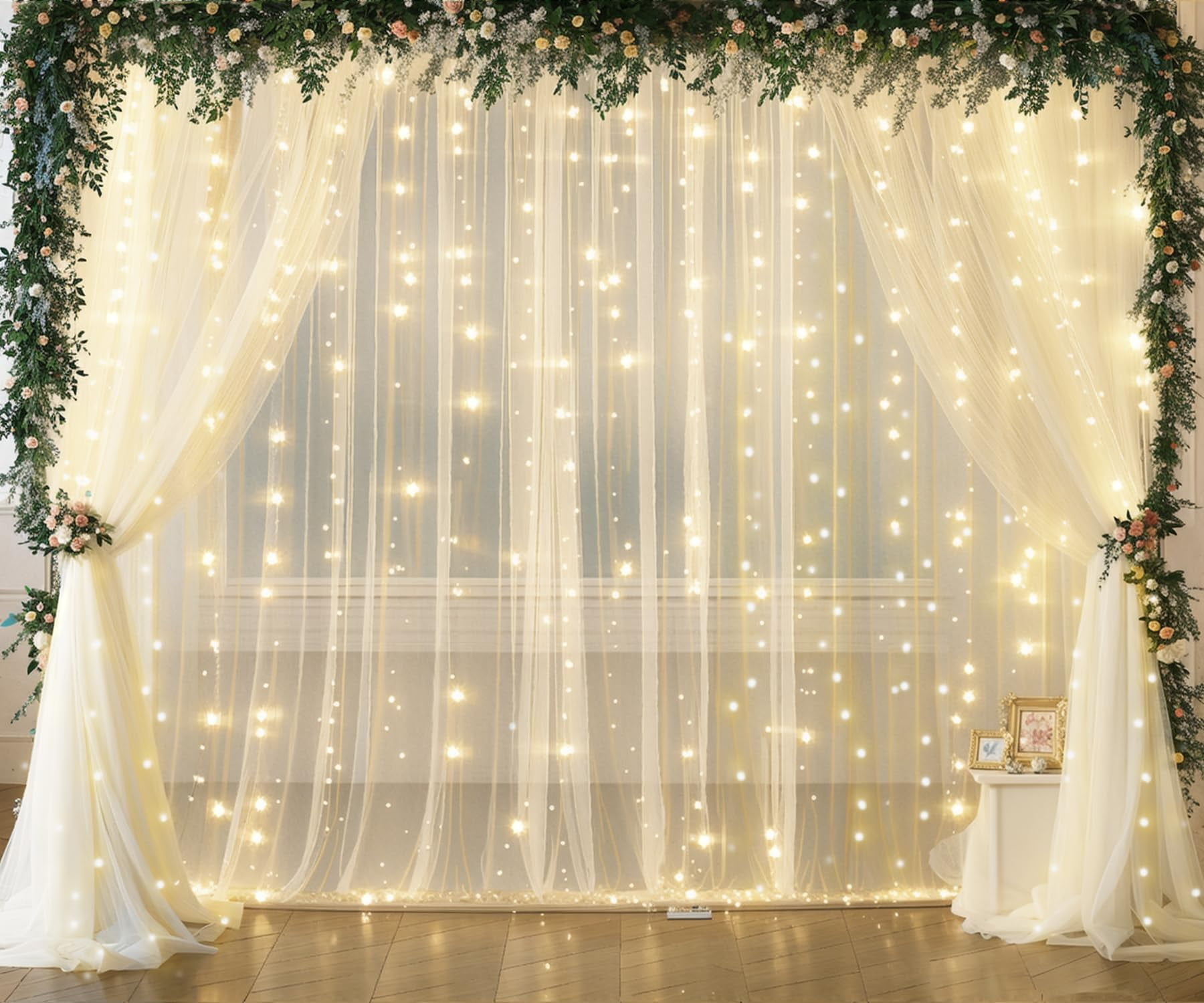 20ft x 10ft Ivory Tulle Photo Backdrop Curtain with Lights String for ...