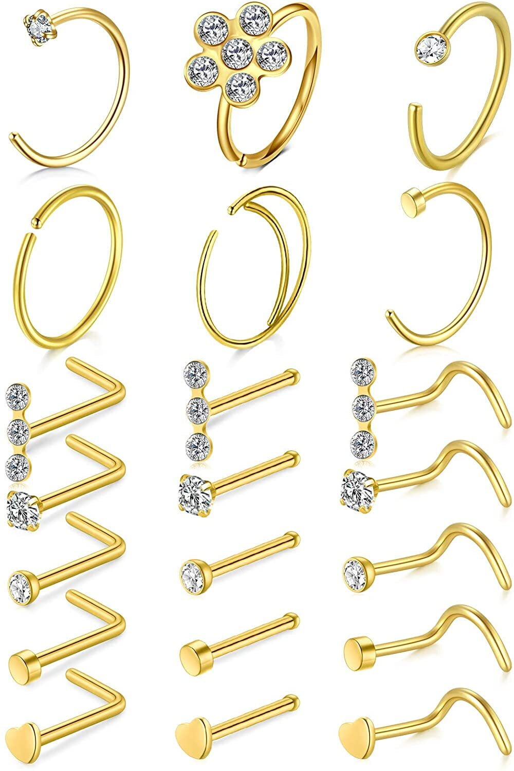 20g Nose Rings Hoop L-Shape/Screw Nose Studs Set Diamond Opal Heart ...