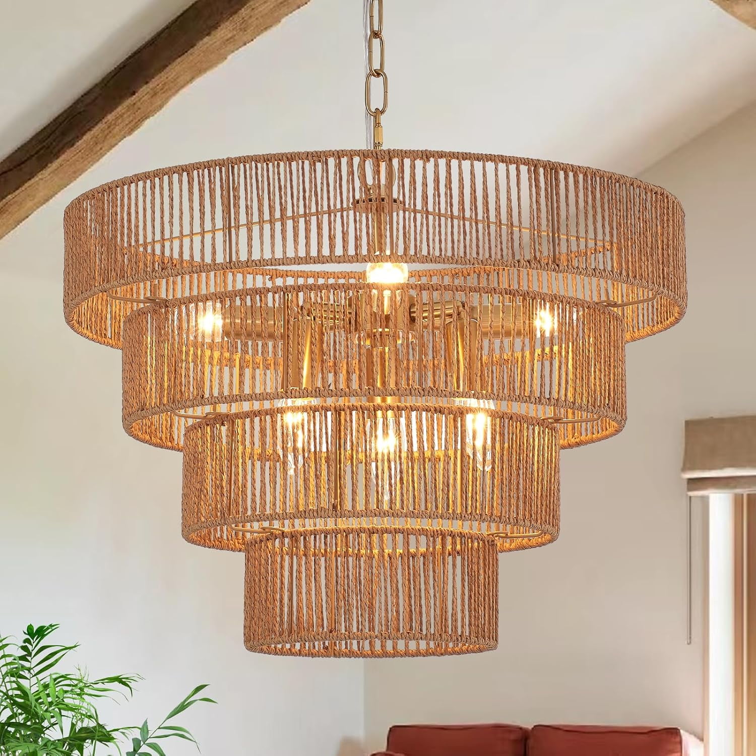20in Large Rattan Chandelier Boho Lighting Hand-Woven Coastal 4-Tier ...
