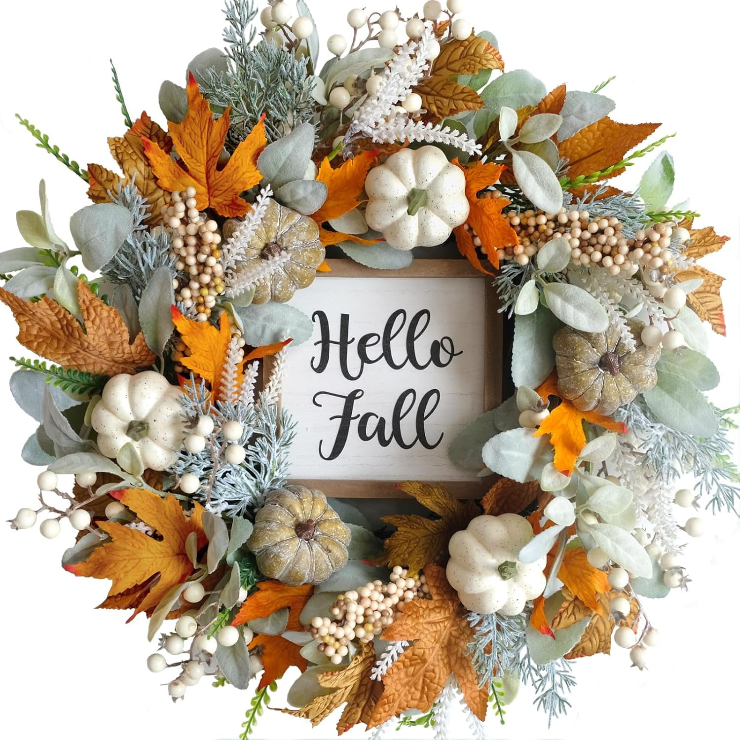 20inch Thanksgiving Fall Wreath, Eucalyptus Berries Pumpkins Lamb Ears ...