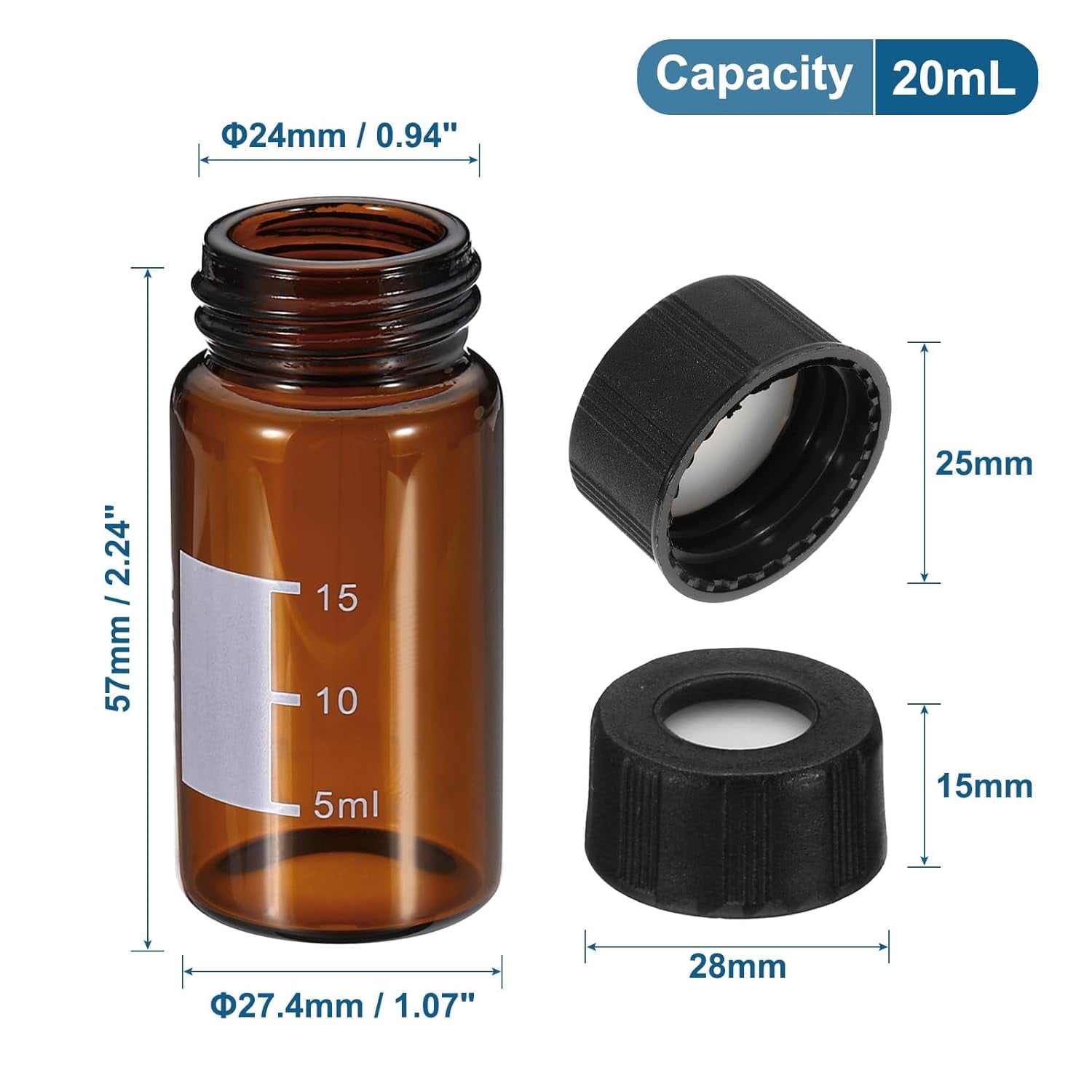 20ml Autosampler Vial, 100 Pack HPLC/GC Vials 9-425 Lab Amber Vials ...
