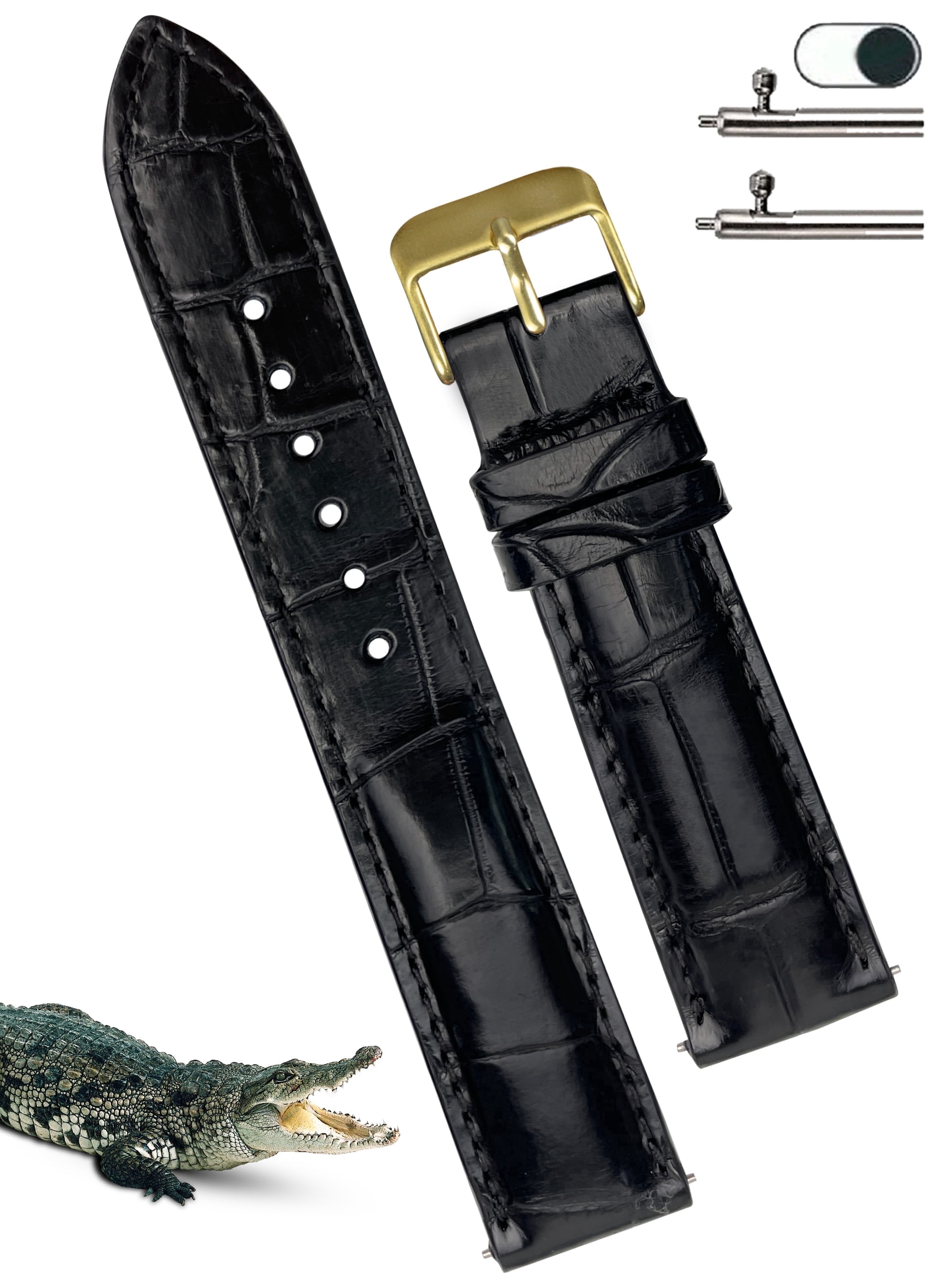 20mm Black Leather Watch Band Alligator Watch Strap Gold Buckle Quick ...