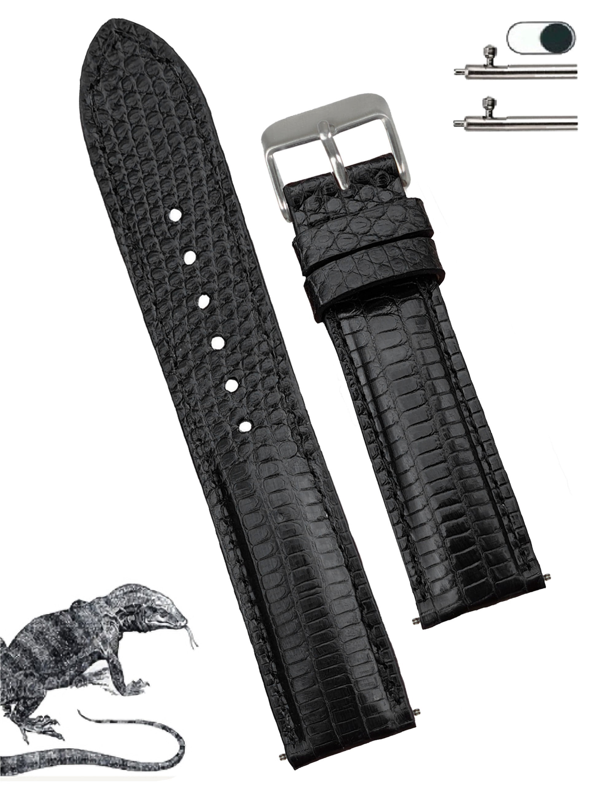 20mm Black Lizard Leather Watch Band Men Quick Release Leather Watch ...