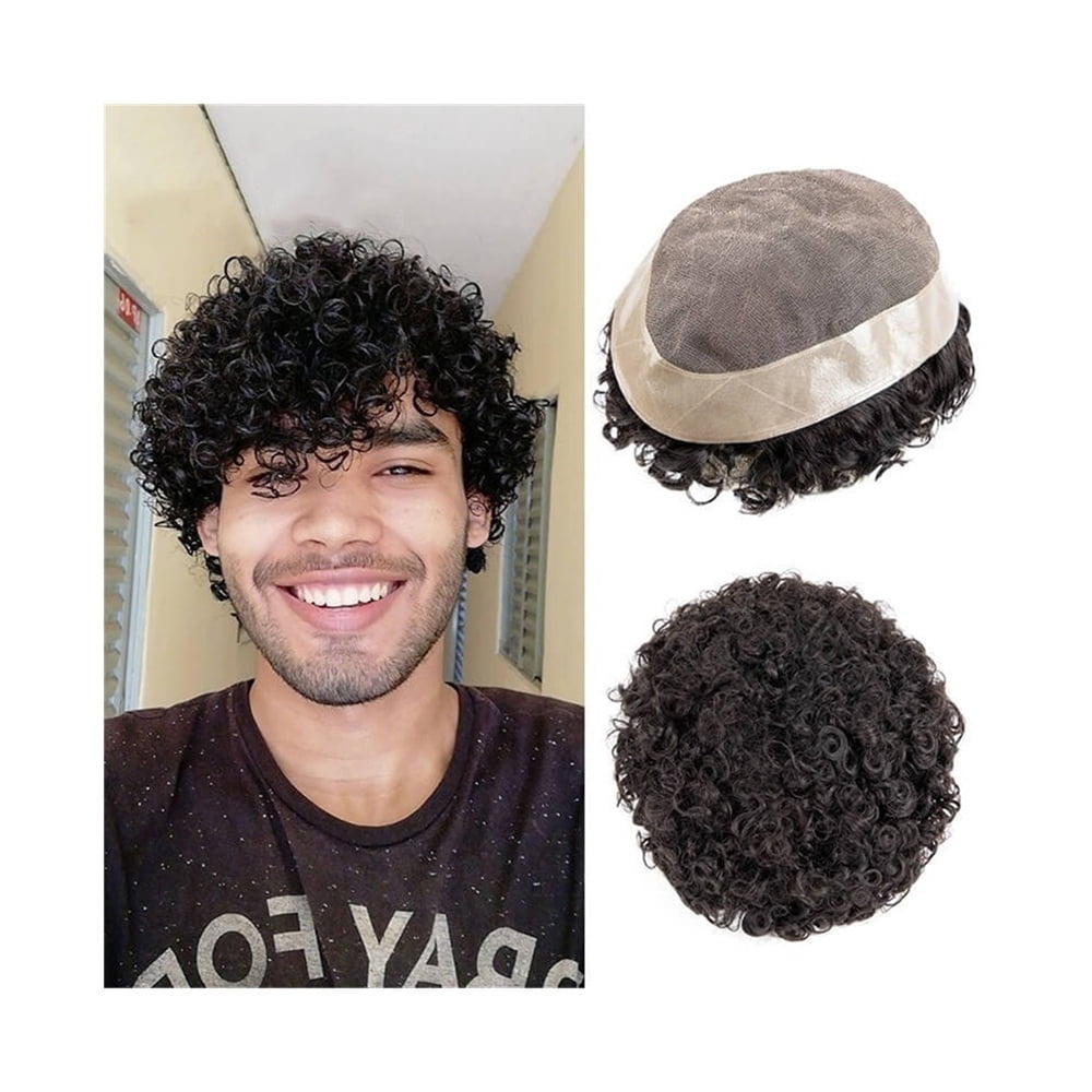 20mm Curly Toupee for Men, Mono Top with PU Skin Around Human Hair Male ...