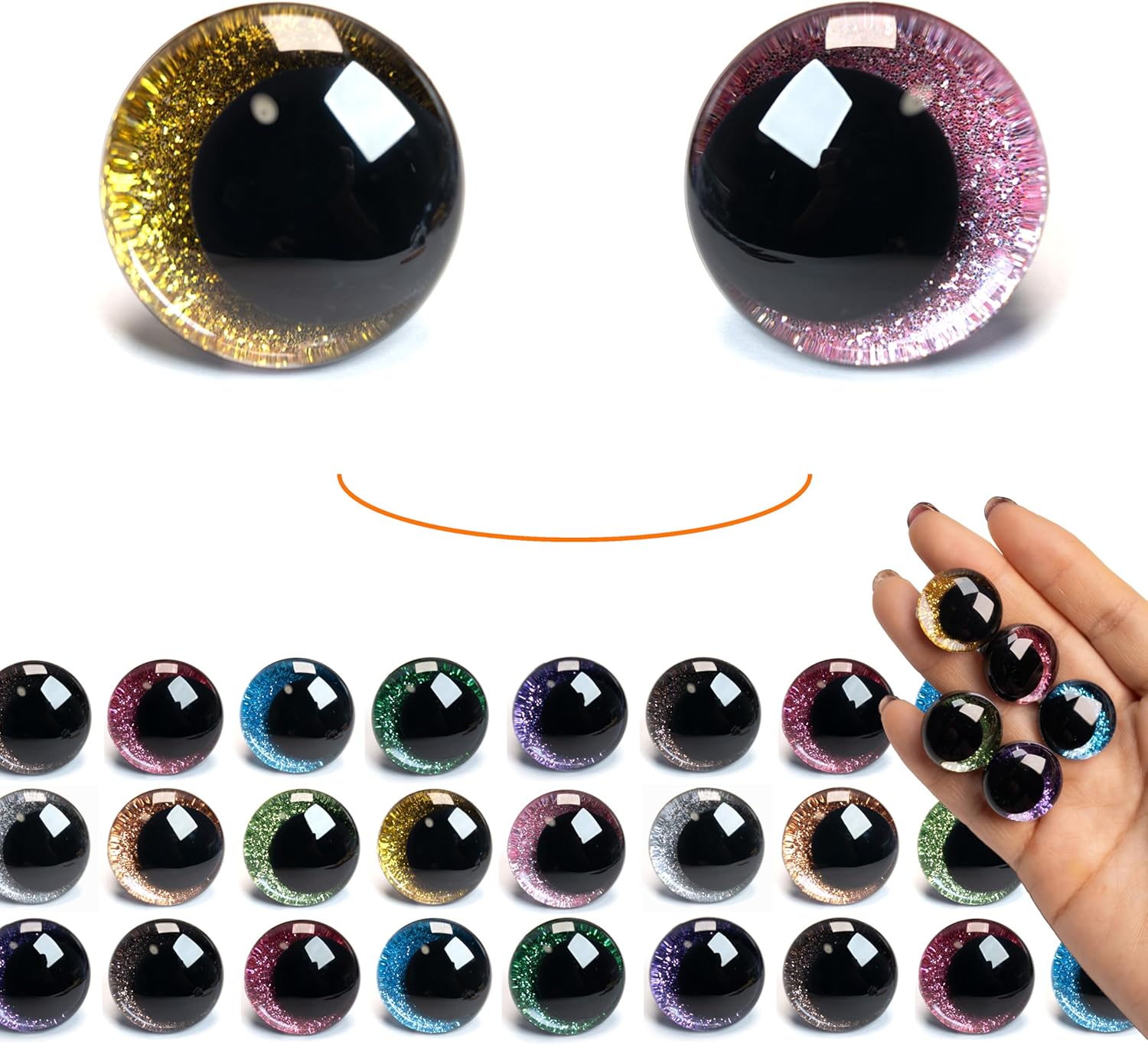 20mm Sparkling Off-Centered Glitter Safety Eyes, 128 pcs 10 Colors 3D ...