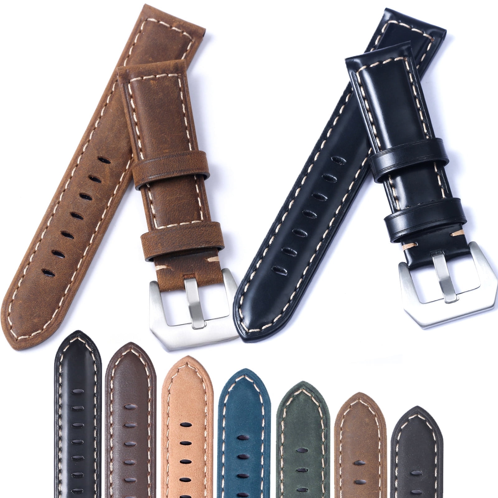20mm Vintage Distressed Leather Watch Bands (2-Pack) - Handmade Full ...