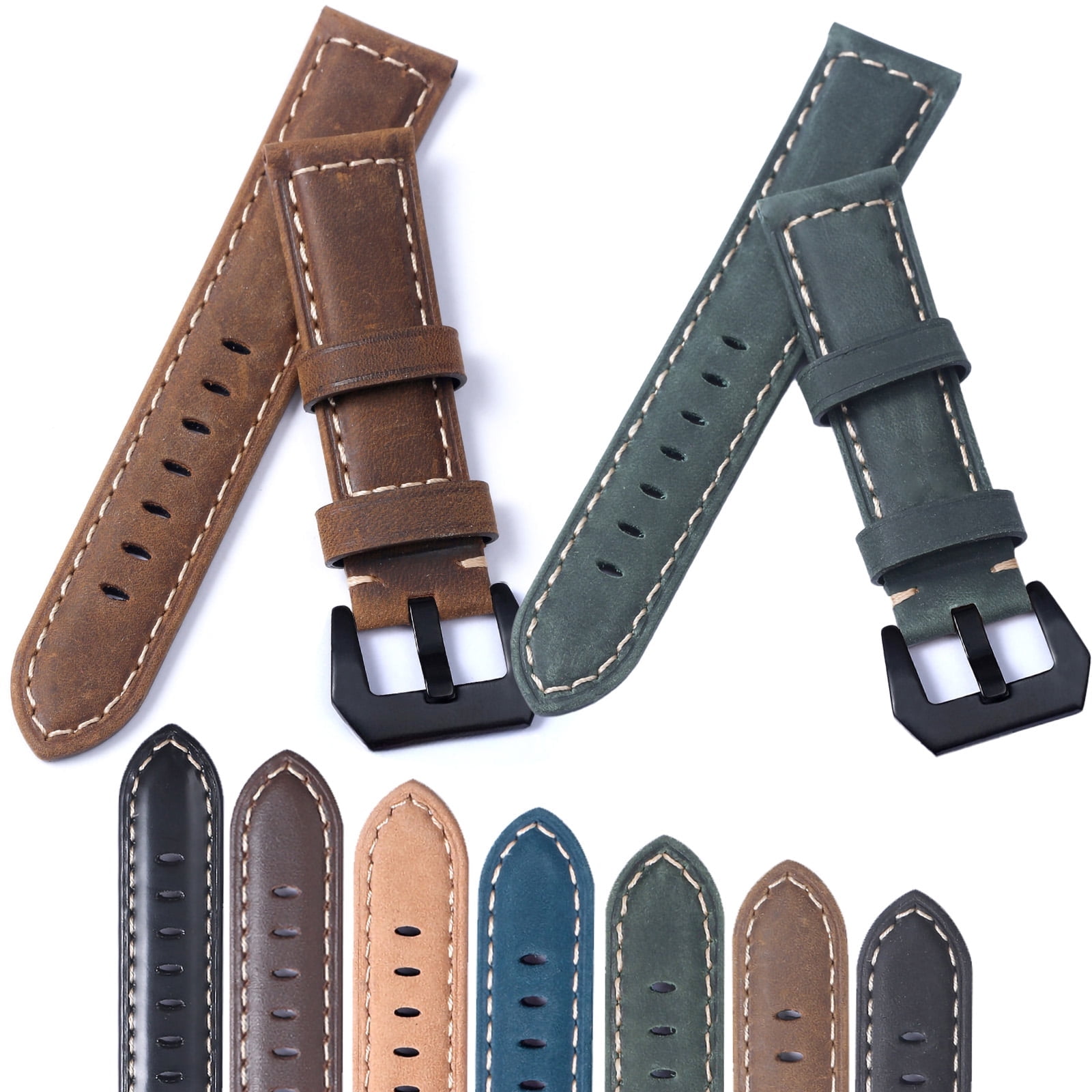20mm Vintage Distressed Leather Watch Bands (2-Pack) - Handmade Full ...