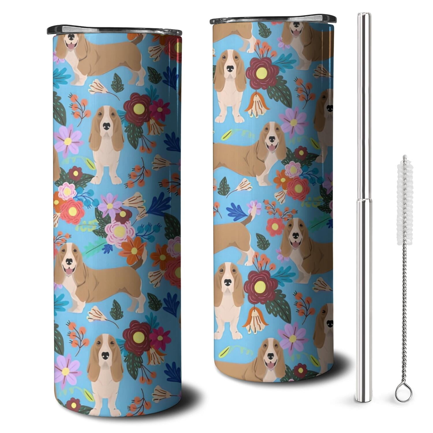 20oz Basset Hound Dog and Flower Skinny Tumblers Stainless Steel ...