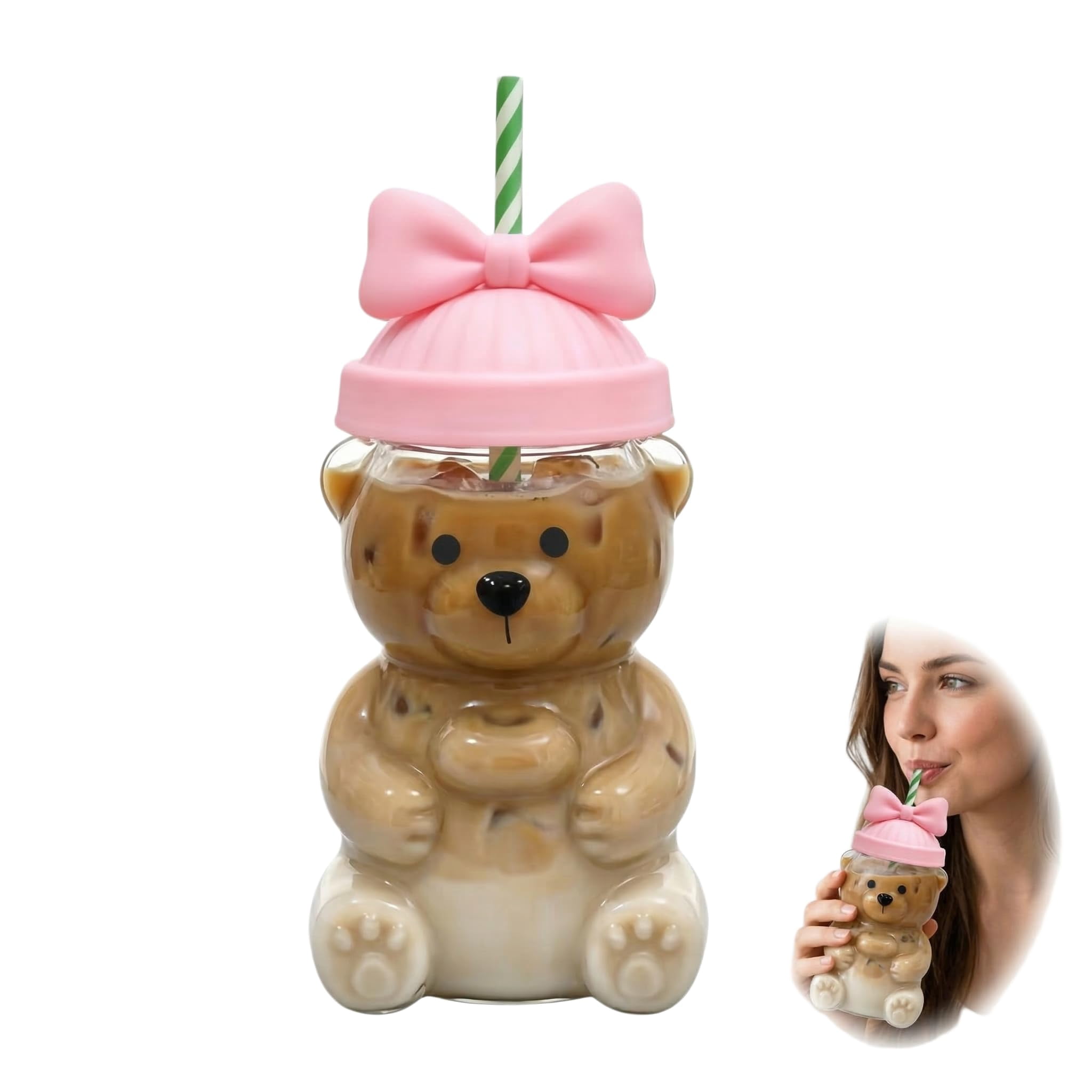 20oz Bear Shaped Glass Tumbler with Straw and Lid for Iced Coffee ...