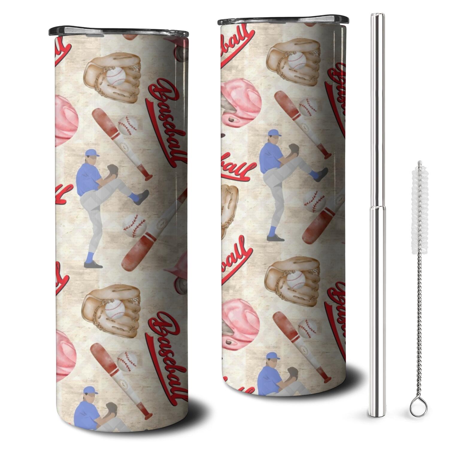 20oz Beige Baseball Elements Pattern Skinny Tumblers Stainless Steel ...