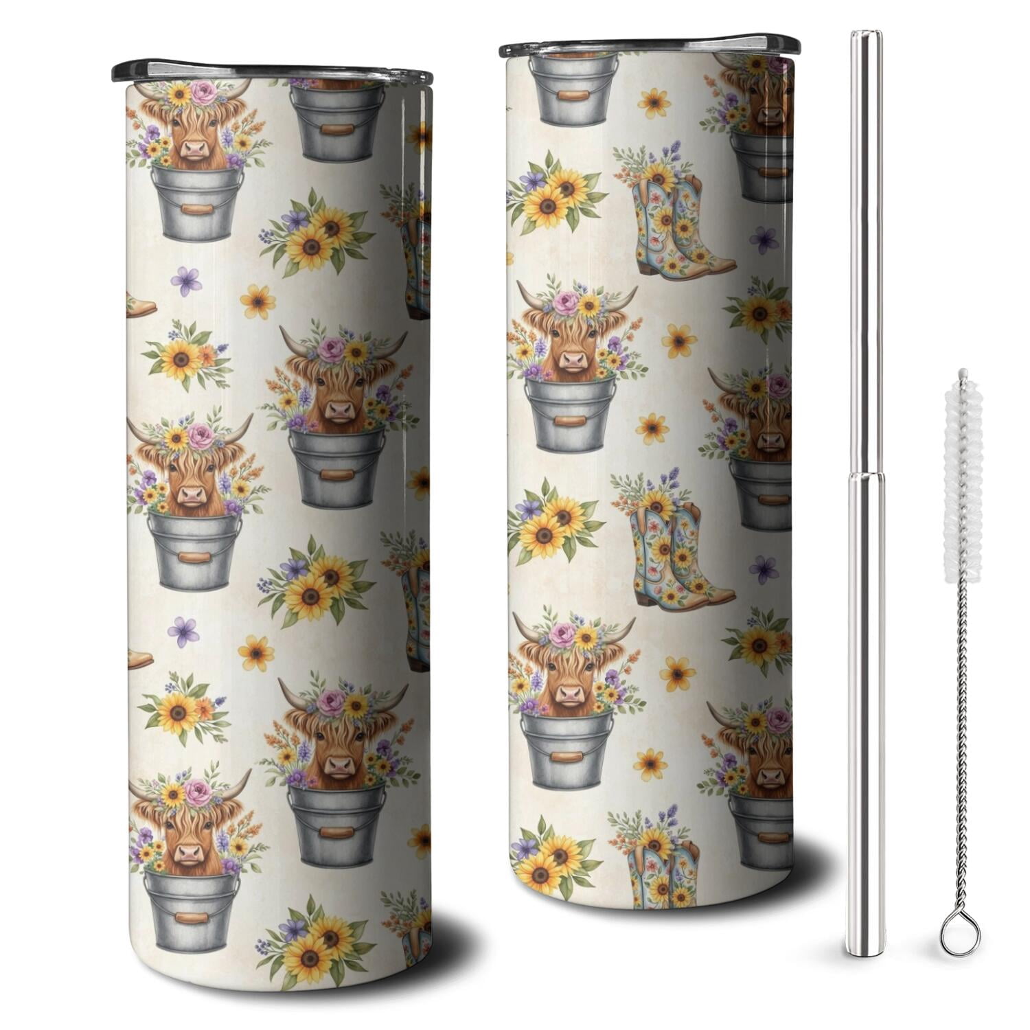 20oz Beige Highland Cow Bucket Boot Flower Pattern Skinny Tumblers ...