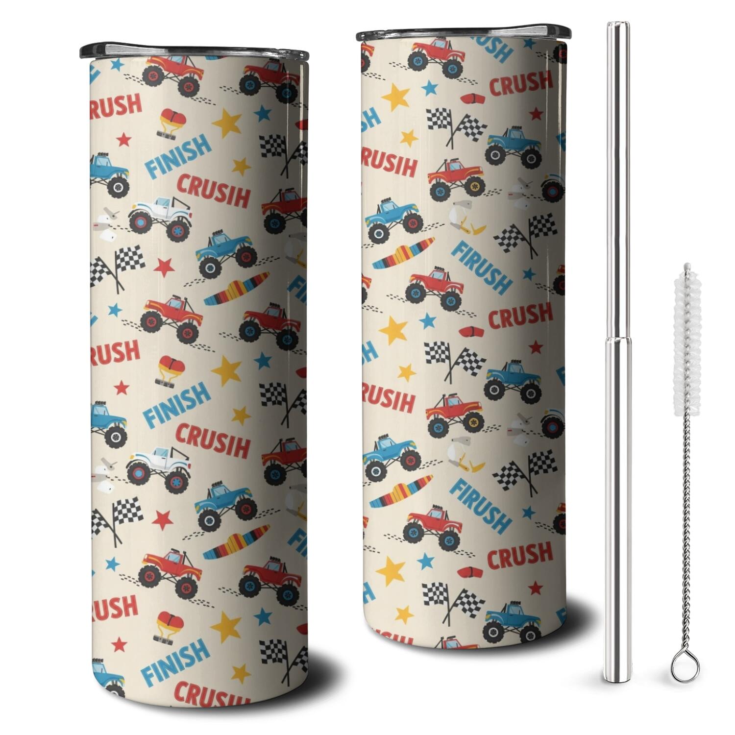 20oz Beige Racing Monster Cartoon Trucks Pattern Skinny Tumblers ...