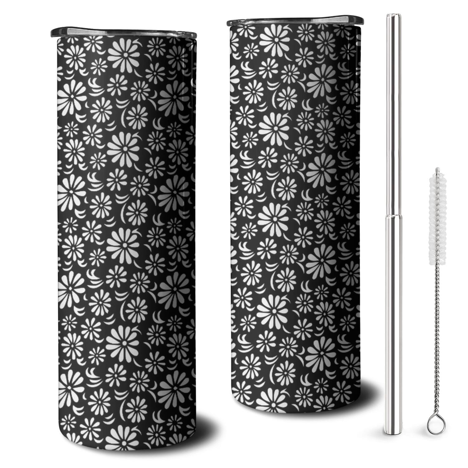 20oz Black Daisy Flower White Blooms Pattern Skinny Tumblers Stainless ...