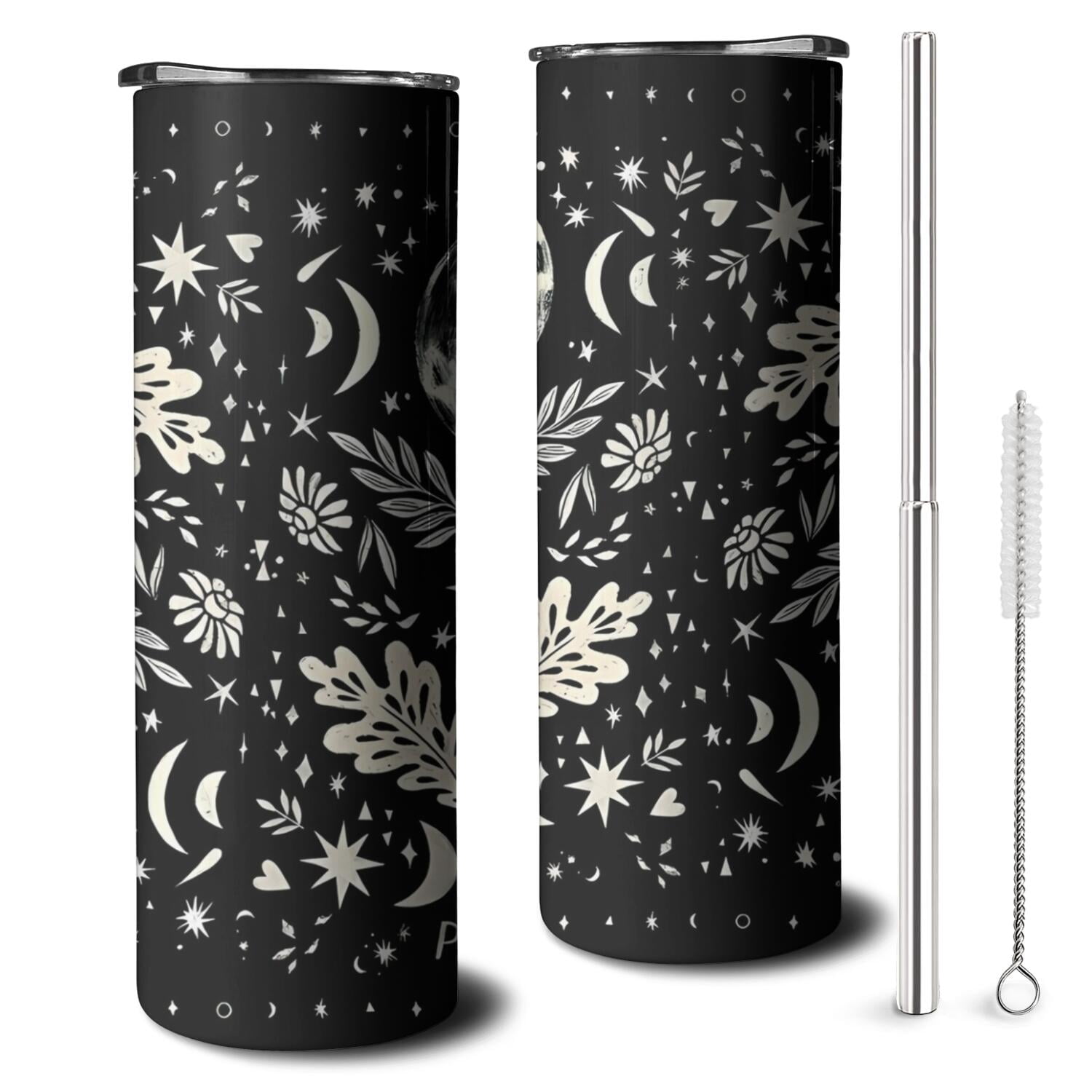 20oz Black Gothic Moon Flower Star Pattern Skinny Tumblers Stainless ...