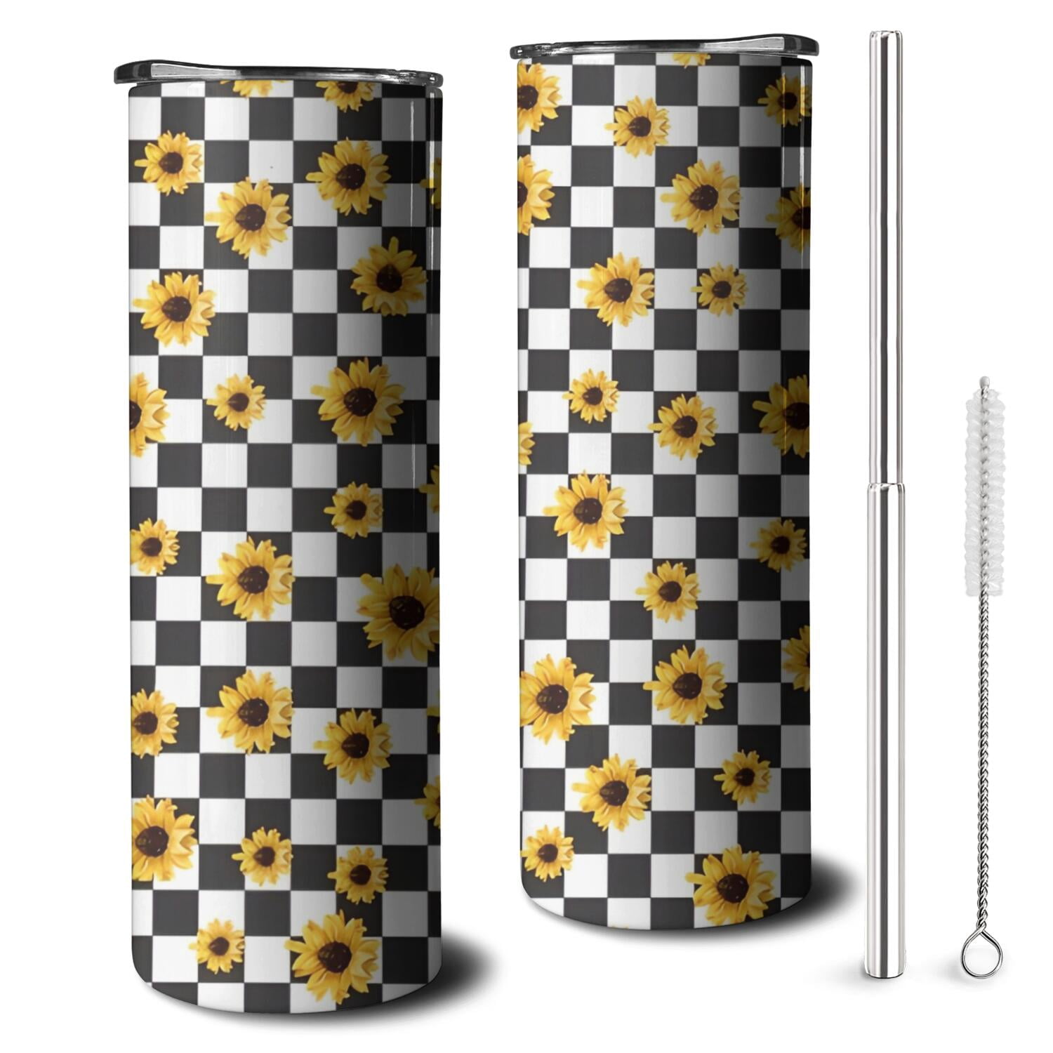 20oz Black White Checker Sunflower Pattern Skinny Tumblers Stainless ...