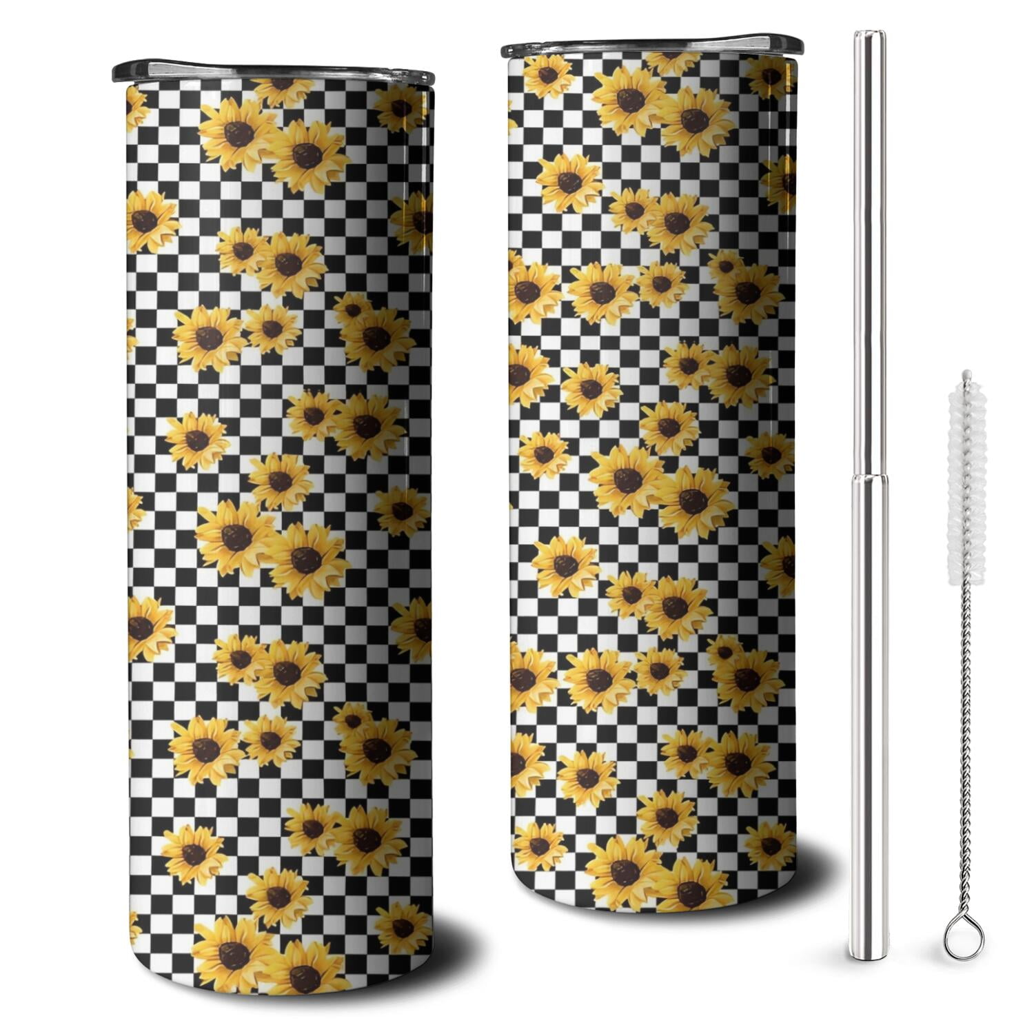 20oz Black White Checker Sunflower Pattern Skinny Tumblers Stainless Steel Tumbler with Lid and ...