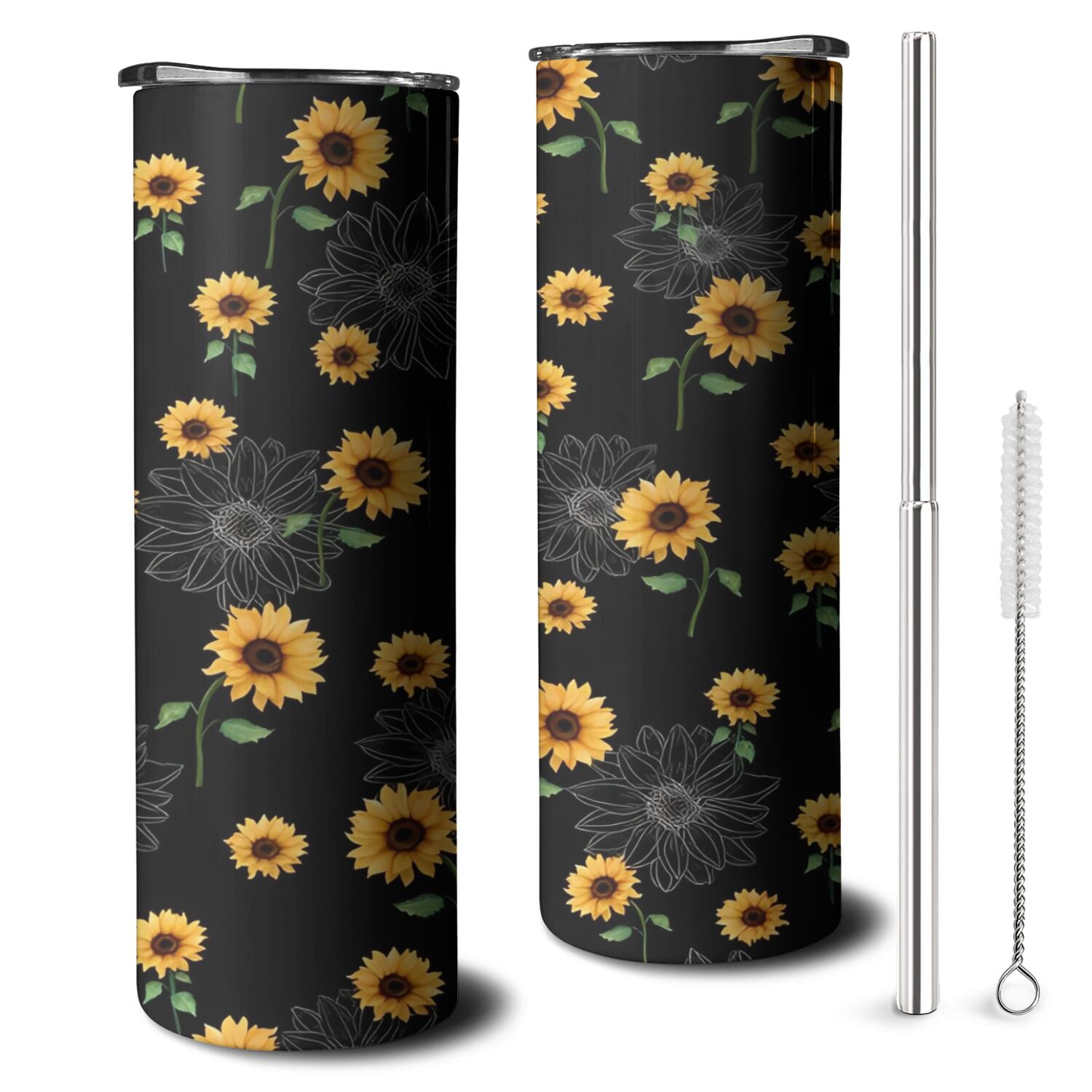 20oz Black Yellow Green Stem Sunflower Pattern Skinny Tumblers ...