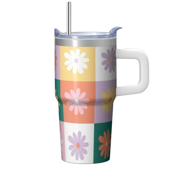 20oz Coffee Tumbler with Handle and Straw Lid, Floral Insulated Travel ...