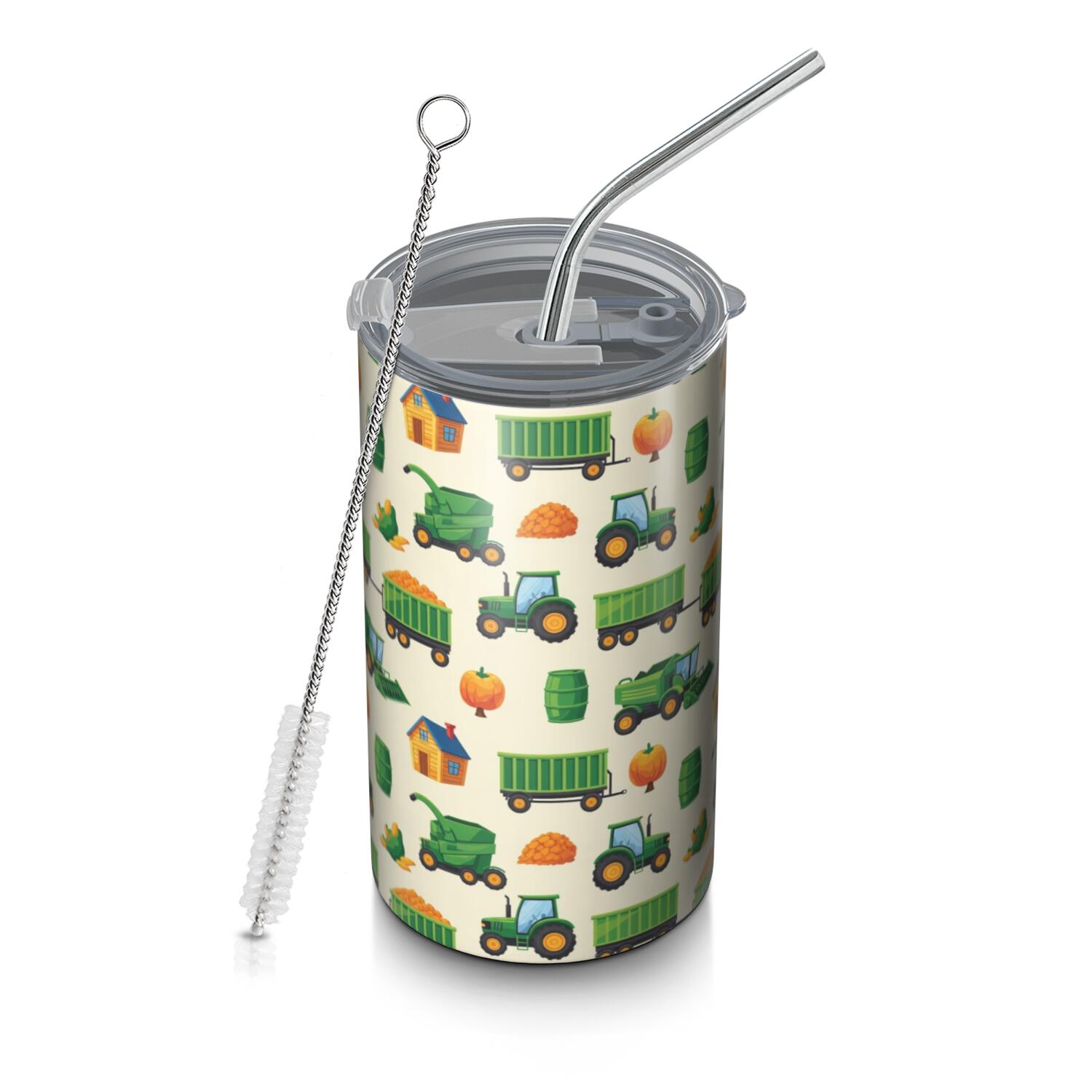 20oz Coffee Tumblers Cartoon Tractors Pumpkins Beige Pattern Stainless ...