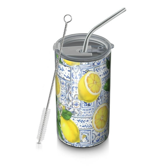 20oz Coffee Tumblers Yellow Lemon Fruit Tiles Blue Pattern Stainless ...