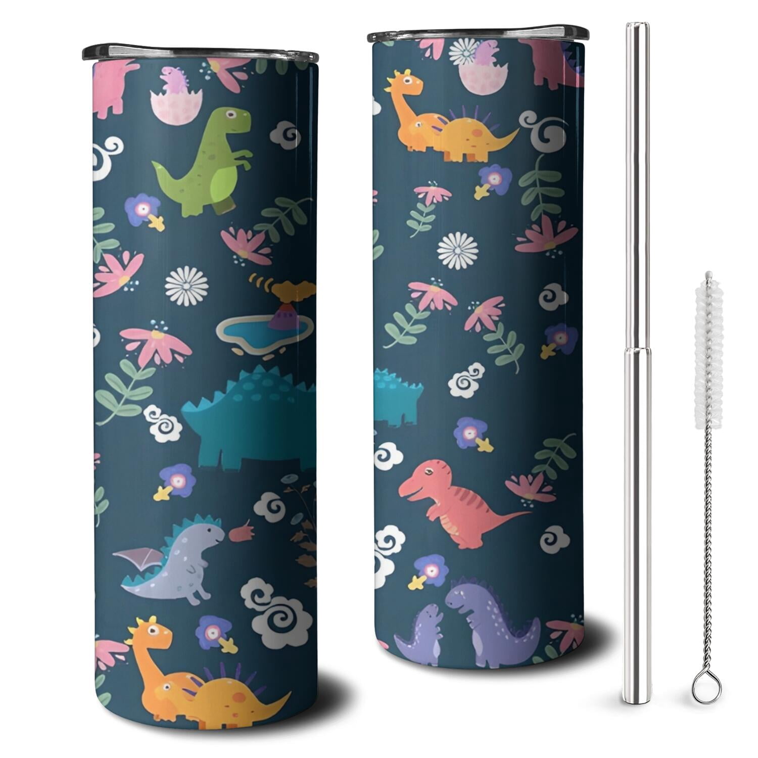 20oz Colorful Dinosaurs Flowers Border Pattern Skinny Tumblers ...